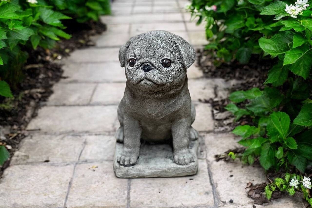 Stone Sitting Pug on Base Statue, Cement Dog Memorial Sculpture ...