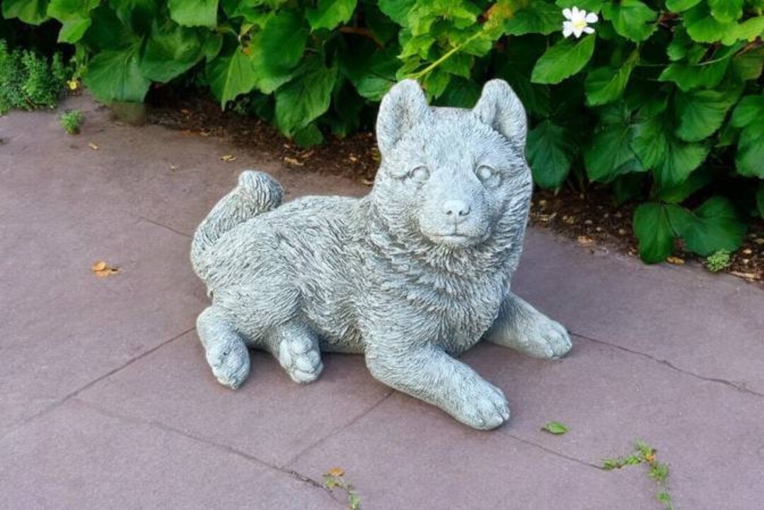 Laying Husky Dog Figure, Concrete Siberian Husky Sculpture, Backyard or ...