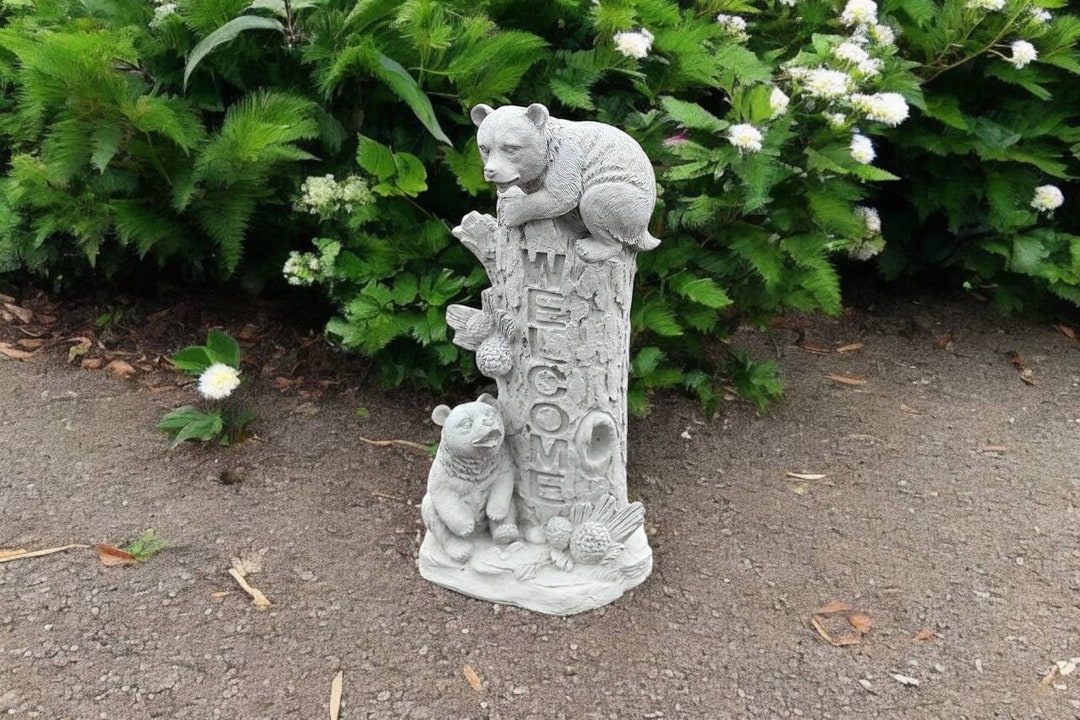 Welcome Bears Figure, Concrete Two Bear on Stump Sculpture, Backyard or ...