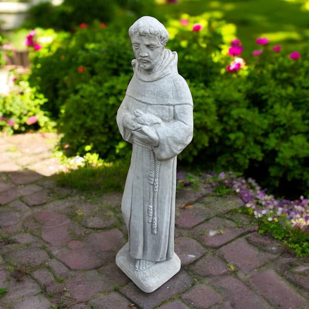 Concrete Monk Sculpture, Standing Man With Bird, Religious Home Decor ...