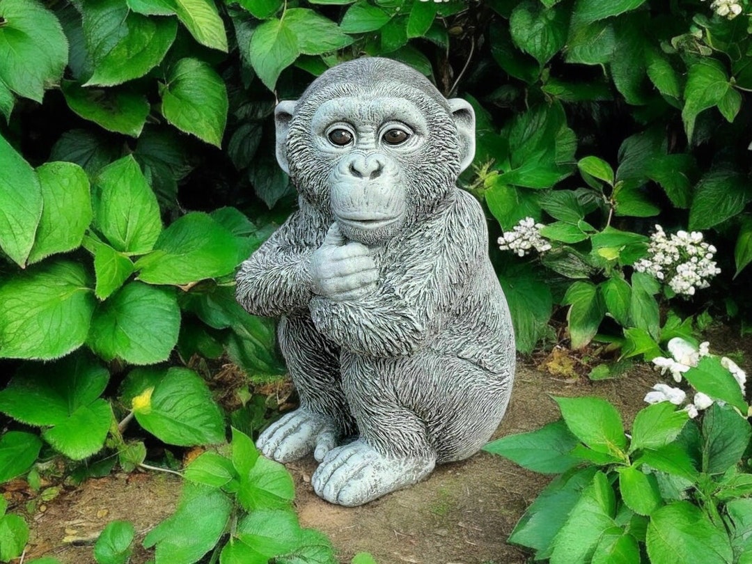 Sitting Monkey Sculpture, Detailed Stone Chimpanzee Figure, Garden Wild ...