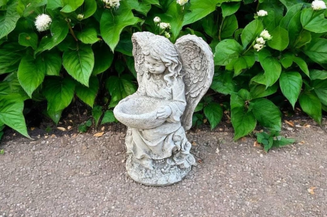 Stone Angel Figurine, Angel Girl With Dish, Concrete Bird Bath, Bird ...