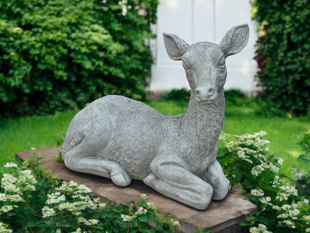 Garden Laying Deer Statue, Stone Wild Fawn Figure, Realistic Forest ...