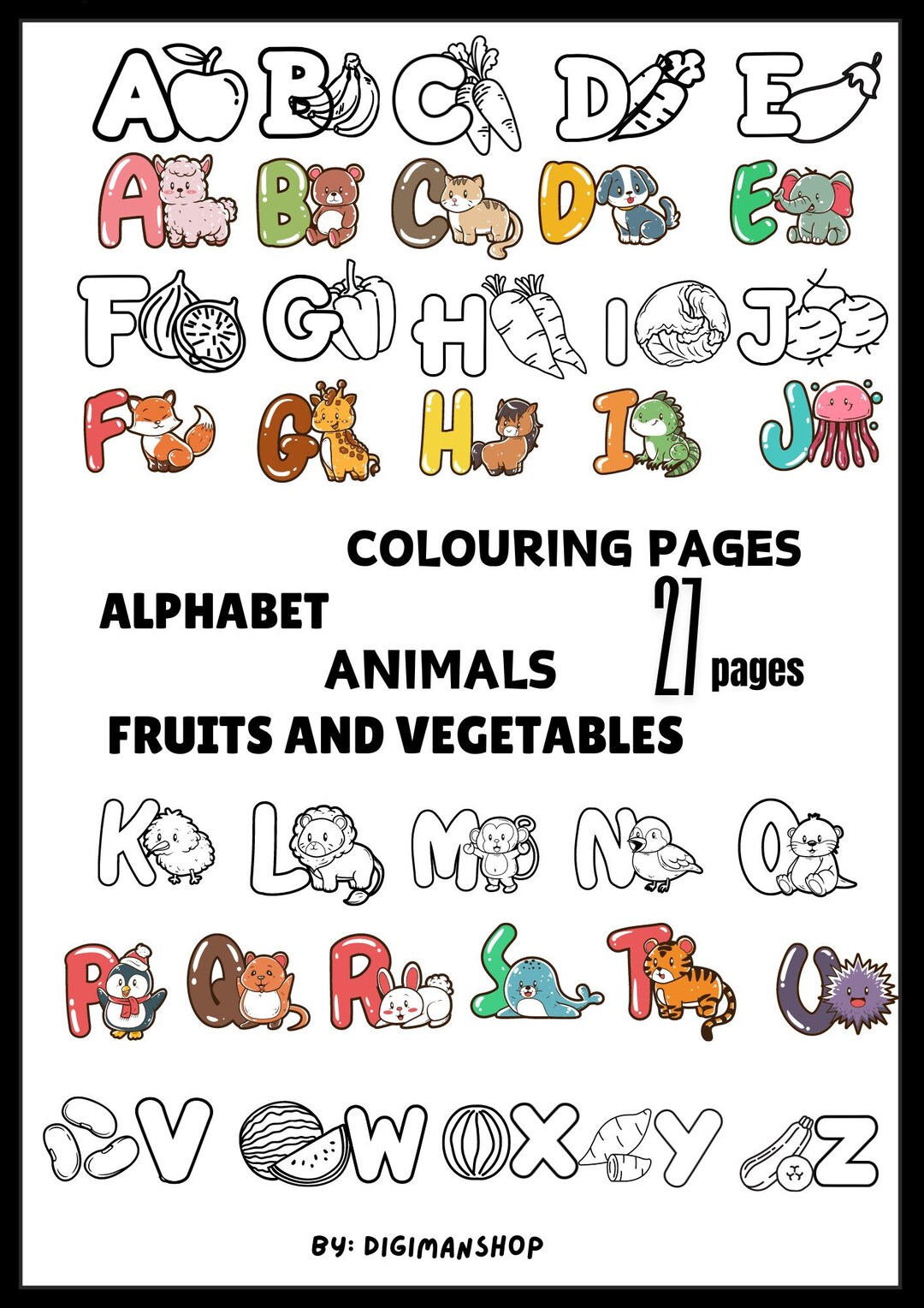 Kids Colouring Pages Alphabet Animals, Fruits and Vegetables Kids Will ...
