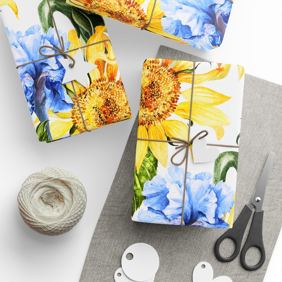 SUNFLOWER GIFT WRAPPING Paper Roll, Blue & Yellow Cute Floral Wrap for ...