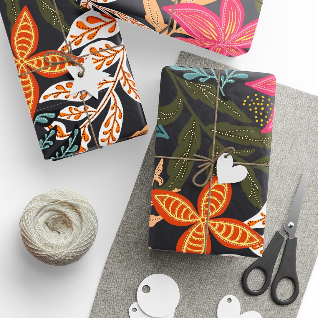 Modern Black/pink/orange Floral Wrapping Paper for Birthday/ Holiday ...