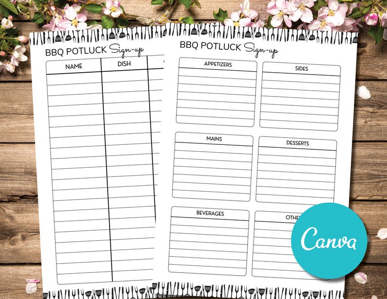 BBQ Potluck Food Sign-up Sheet Form Editable Log Tracker Barbecue ...