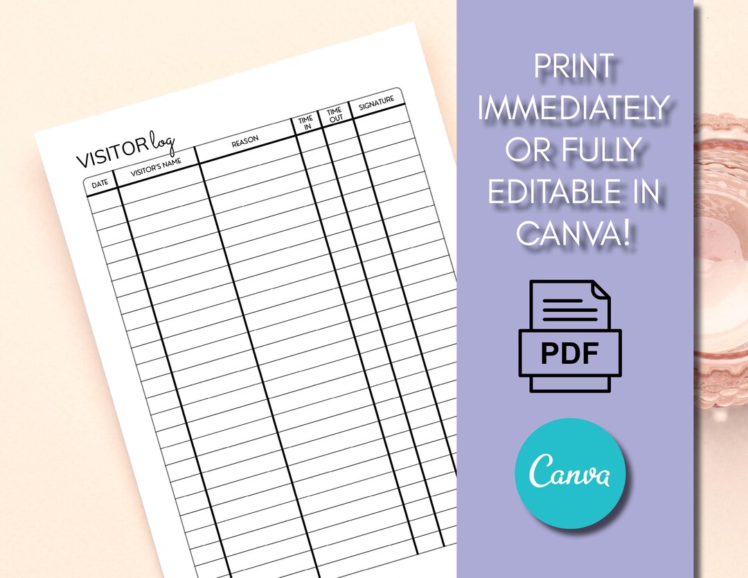 Editable Visitor Log Sign in Sheet Tracker Template, Printable Guest ...