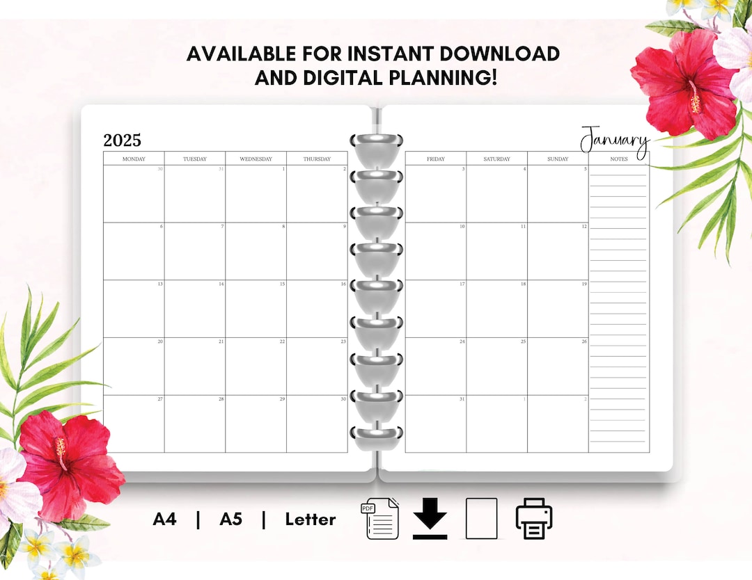 2025 Calendar Monthly Printable Planner Vertical Organizer Scheduler ...
