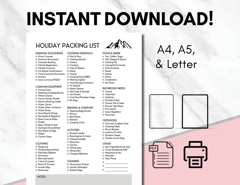 Printable RV Caravan Camping Packing Checklist Planner, Car Camping ...