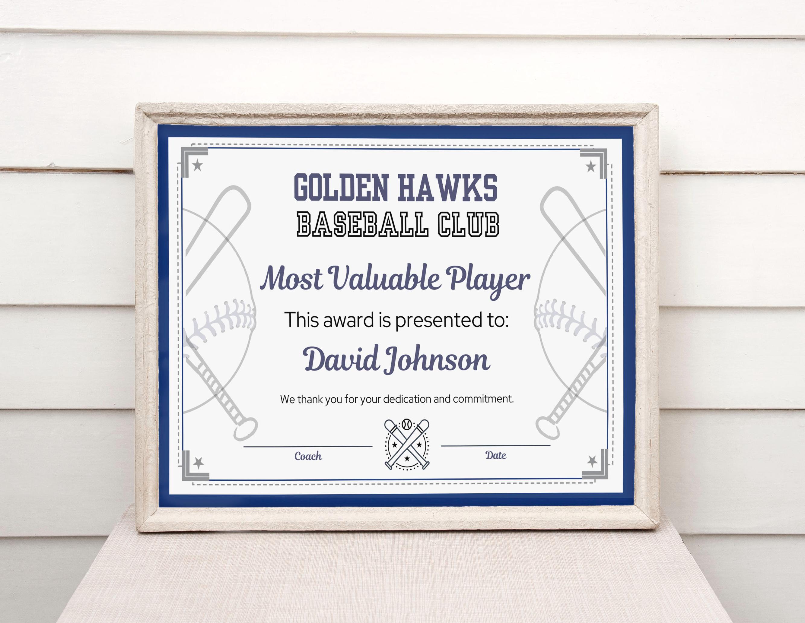 Editable Baseball Sports Certificate Template Award Gift, Printable ...