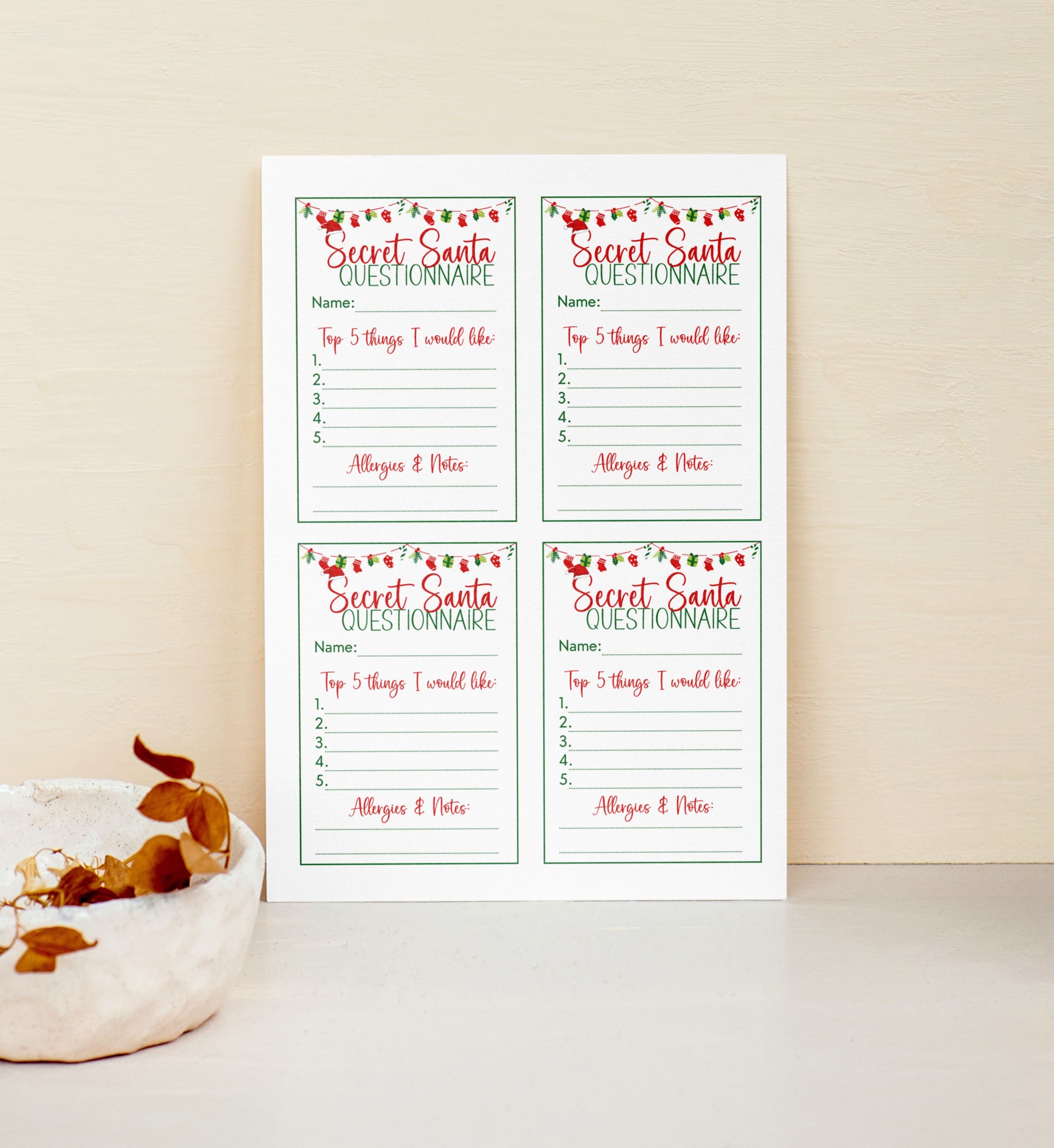 Secret Santa Christmas Gift List Exchange Questionnaire Game Kit ...