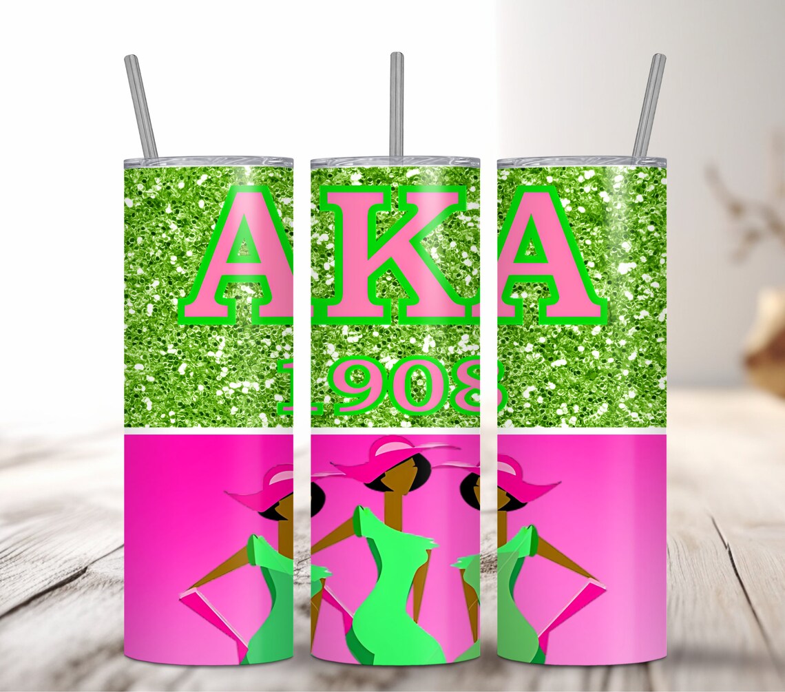 AKA Sorority Gifts Pink Green Glitter Tumbler Sublimation Wrap Design ...
