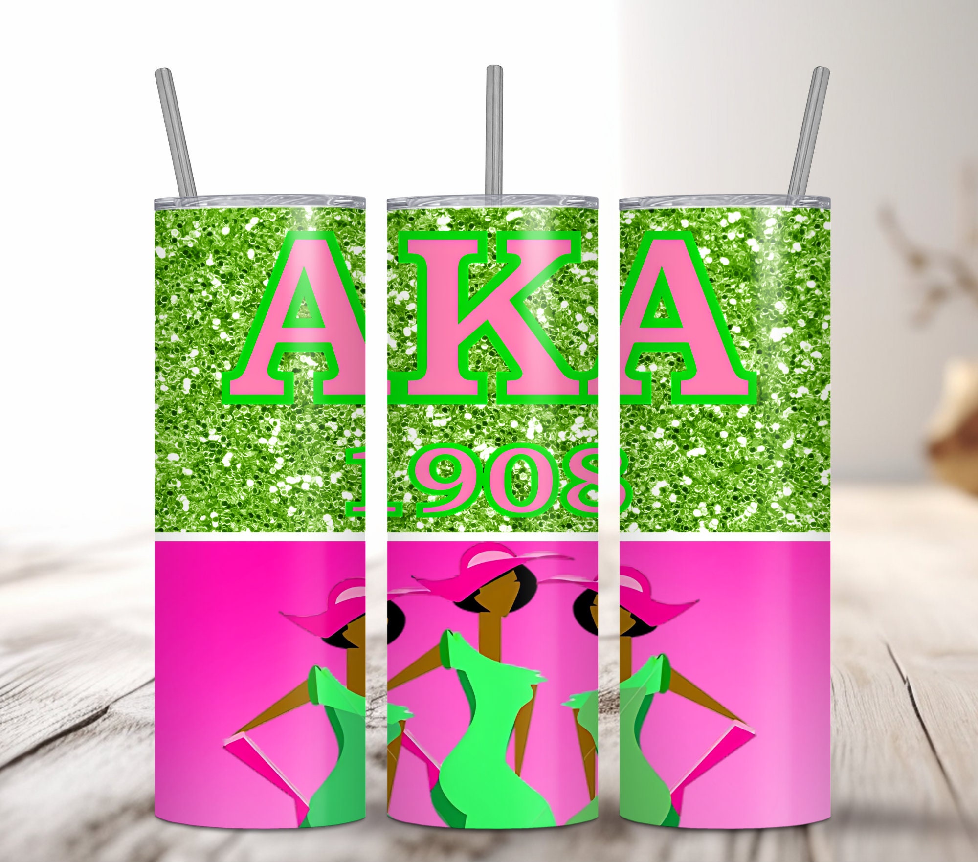 AKA Sorority Gifts Pink Green Glitter Tumbler Sublimation Wrap Design ...
