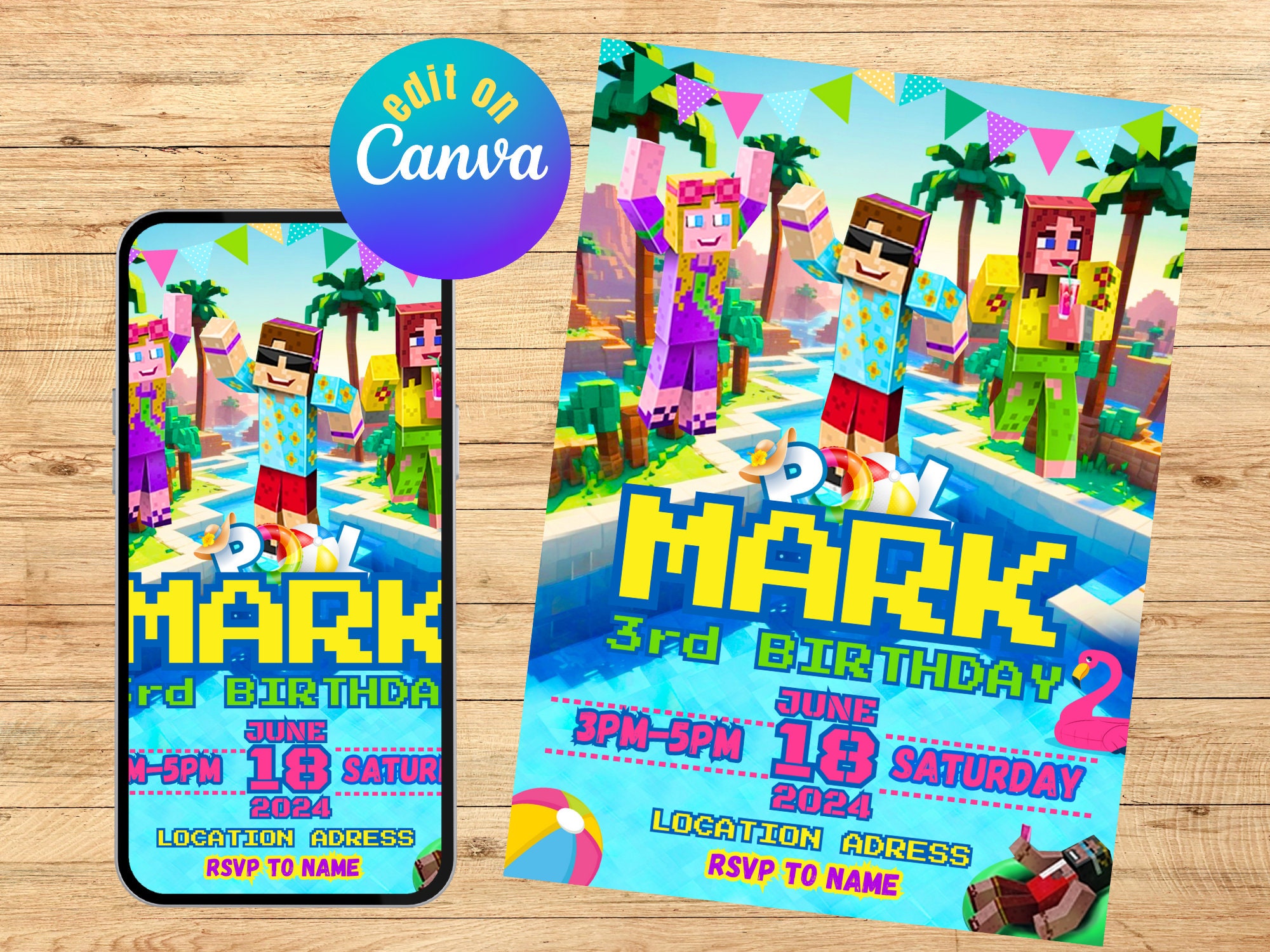 Minecrafter Invitation | Pool Party Editable Invitation, Summer ...