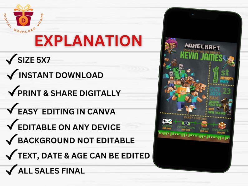 Editable Minecraft Birthday Invitation Minecrafter Birthday Invitations ...