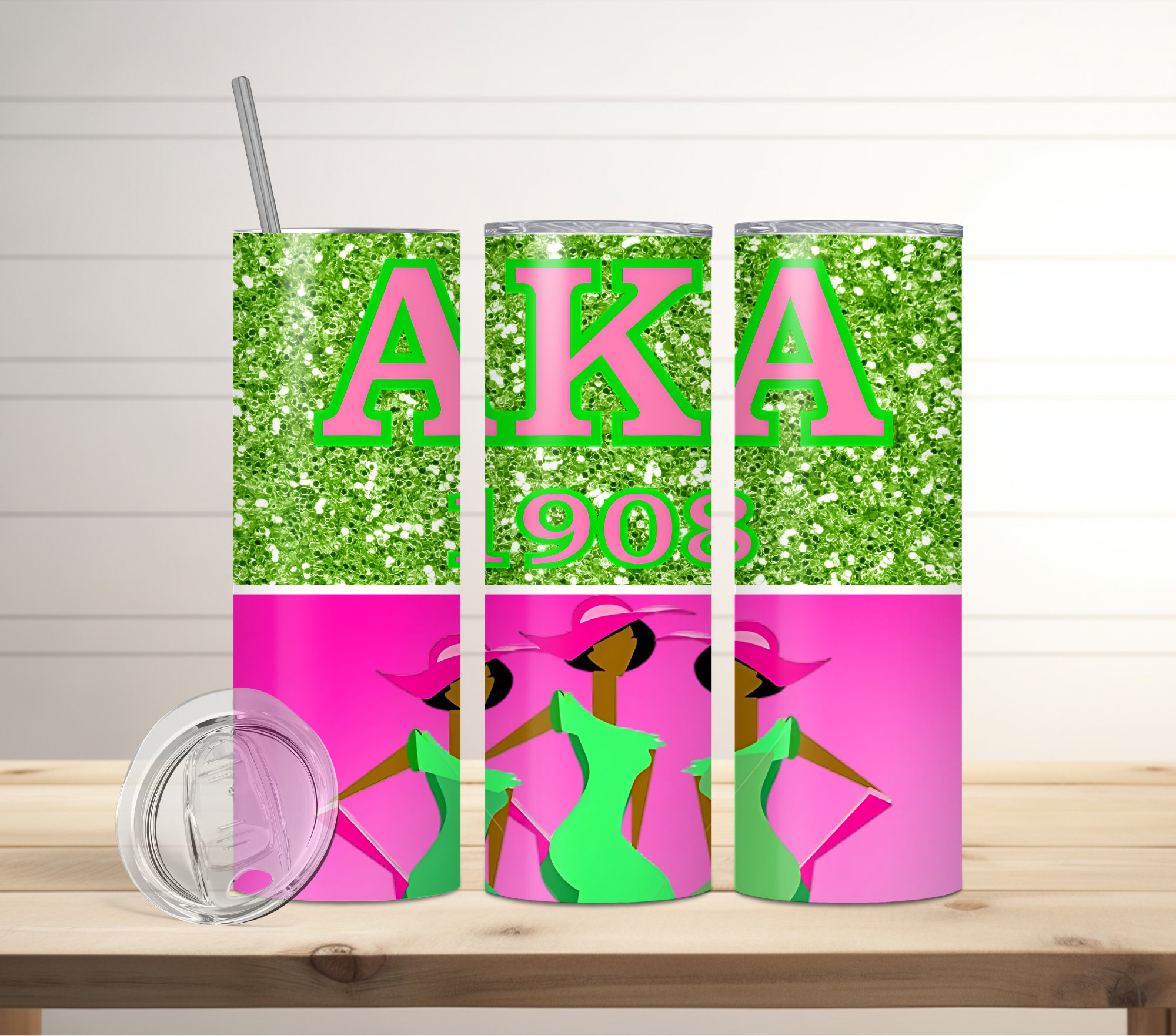 AKA Sorority Gifts Pink Green Glitter Tumbler Sublimation Wrap Design ...
