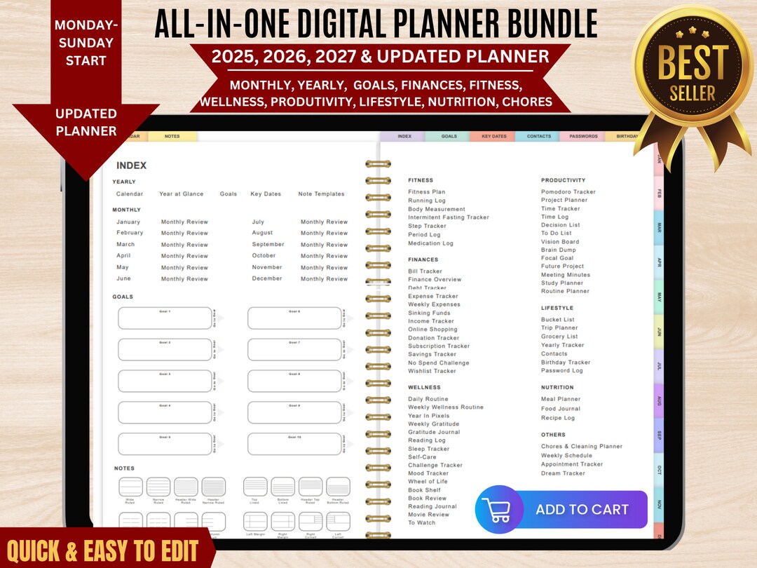 Digital Printable Planner | All-in-1 Bundle Undated Digital Journal ...