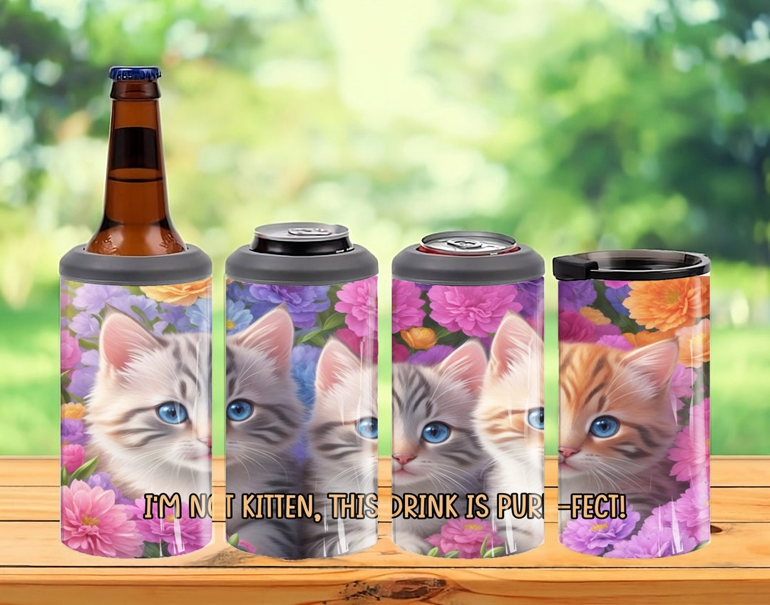 4 in 1 Can Bottle Cooler Funny Cute Cat Kitten Sublimation Tumbler Wrap ...