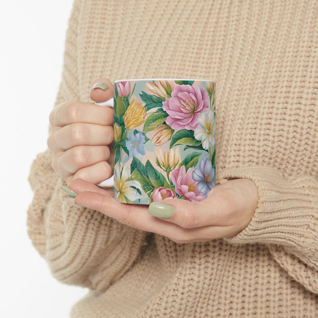 Mug, Spring Floral Design Ceramic Coffee Cup, Colorful Flower Pattern ...
