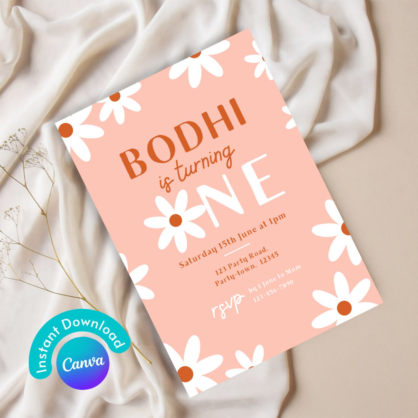 EDITABLE Boho Daisy 1st Birthday Party Invitation, Girls First Party ...