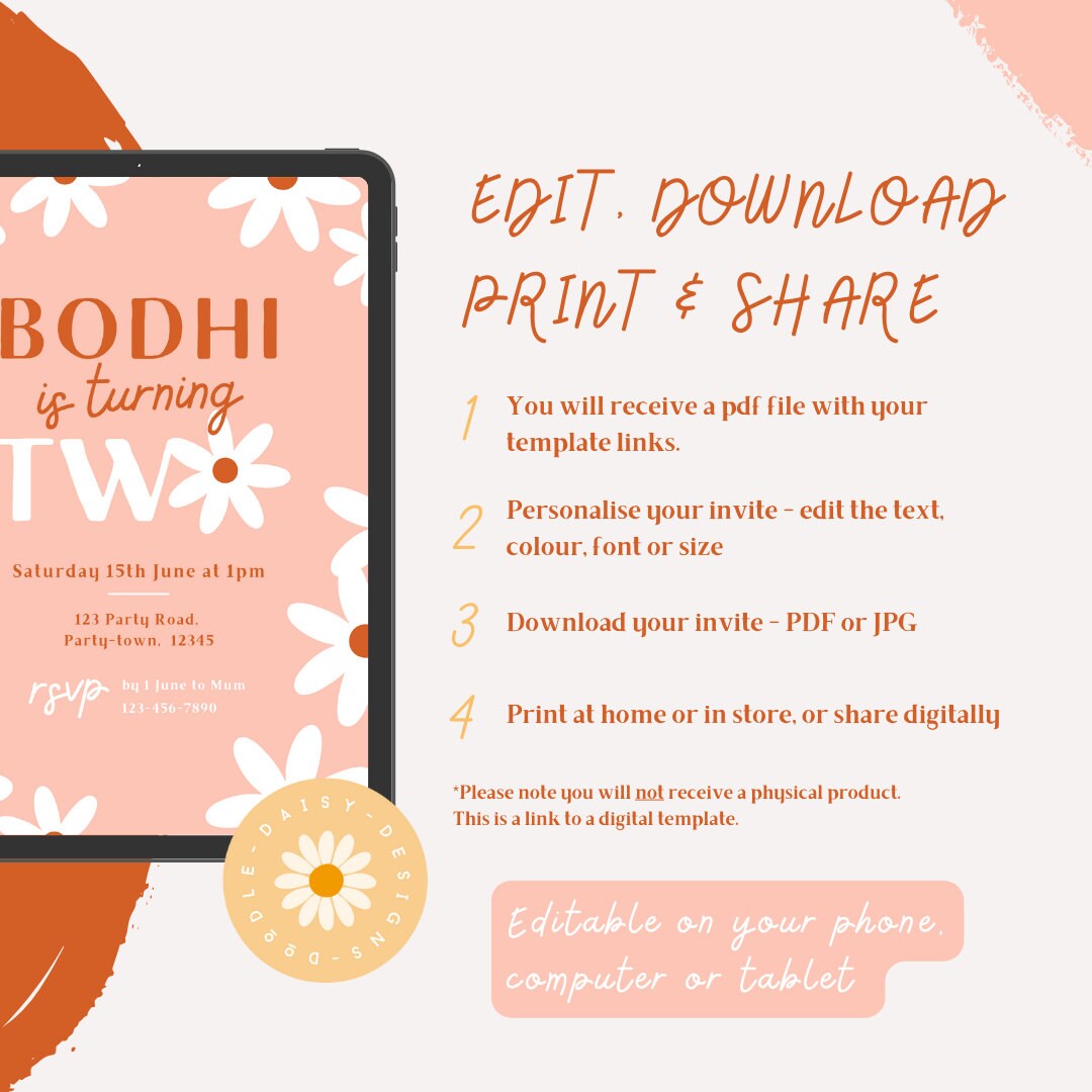 EDITABLE Boho Daisy 2nd Birthday Party Invitation, Girls Second Cute ...