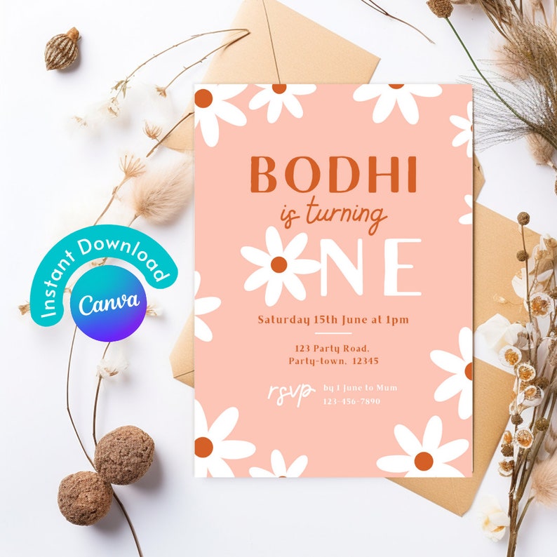 EDITABLE Boho Daisy 1st Birthday Party Invitation, Girls First Party ...