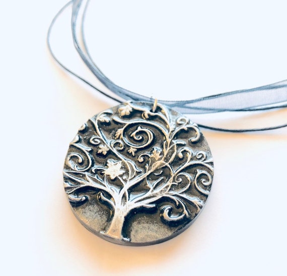 Twirly Tree of Life Silver Black Handmade Polymer Clay Pendant | Etsy