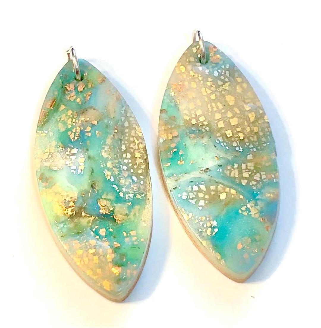 Artisan Polymer Clay Earring Components Teal Gold Metallic Glitter Oval ...