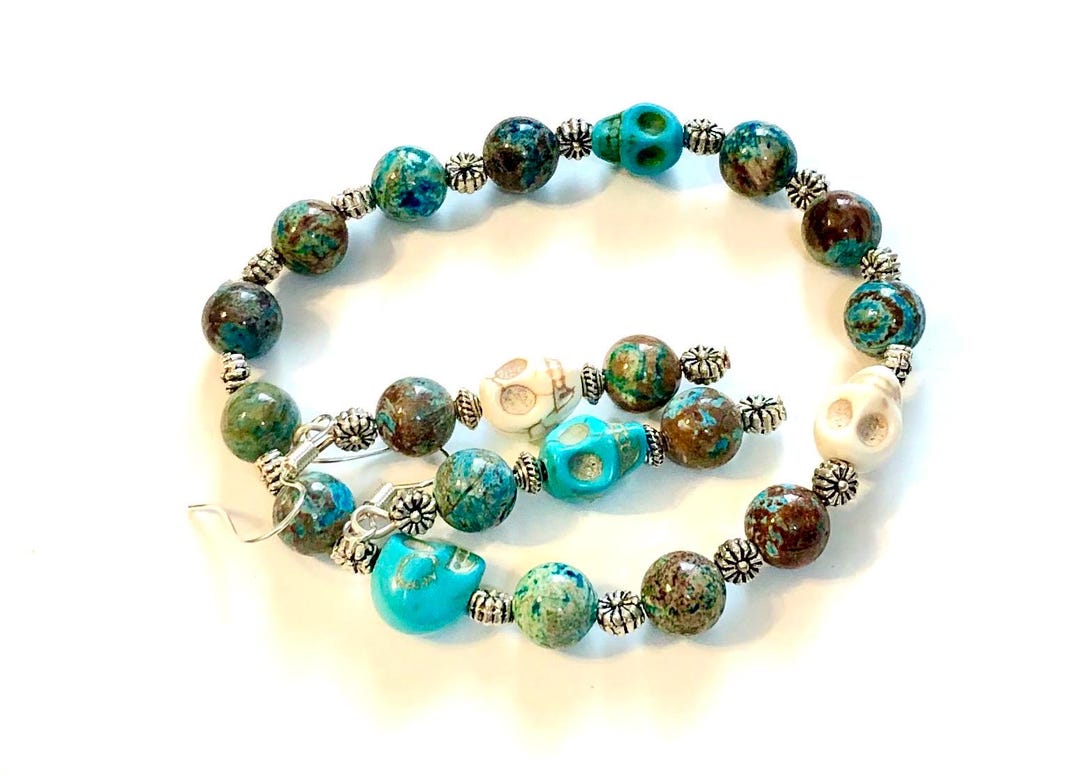 Earthy Boho Sugar Skull Bracelet and Earring Set - Day of the Dead ...