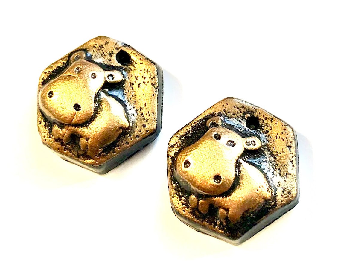 Happy Little Hippo Hexagon Beads Black Copper Handmade Polymer | Etsy