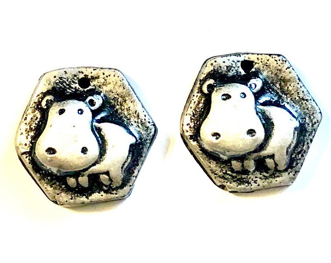 Happy Little Hippo Hexagon Beads Black Silver Handmade Polymer Clay ...