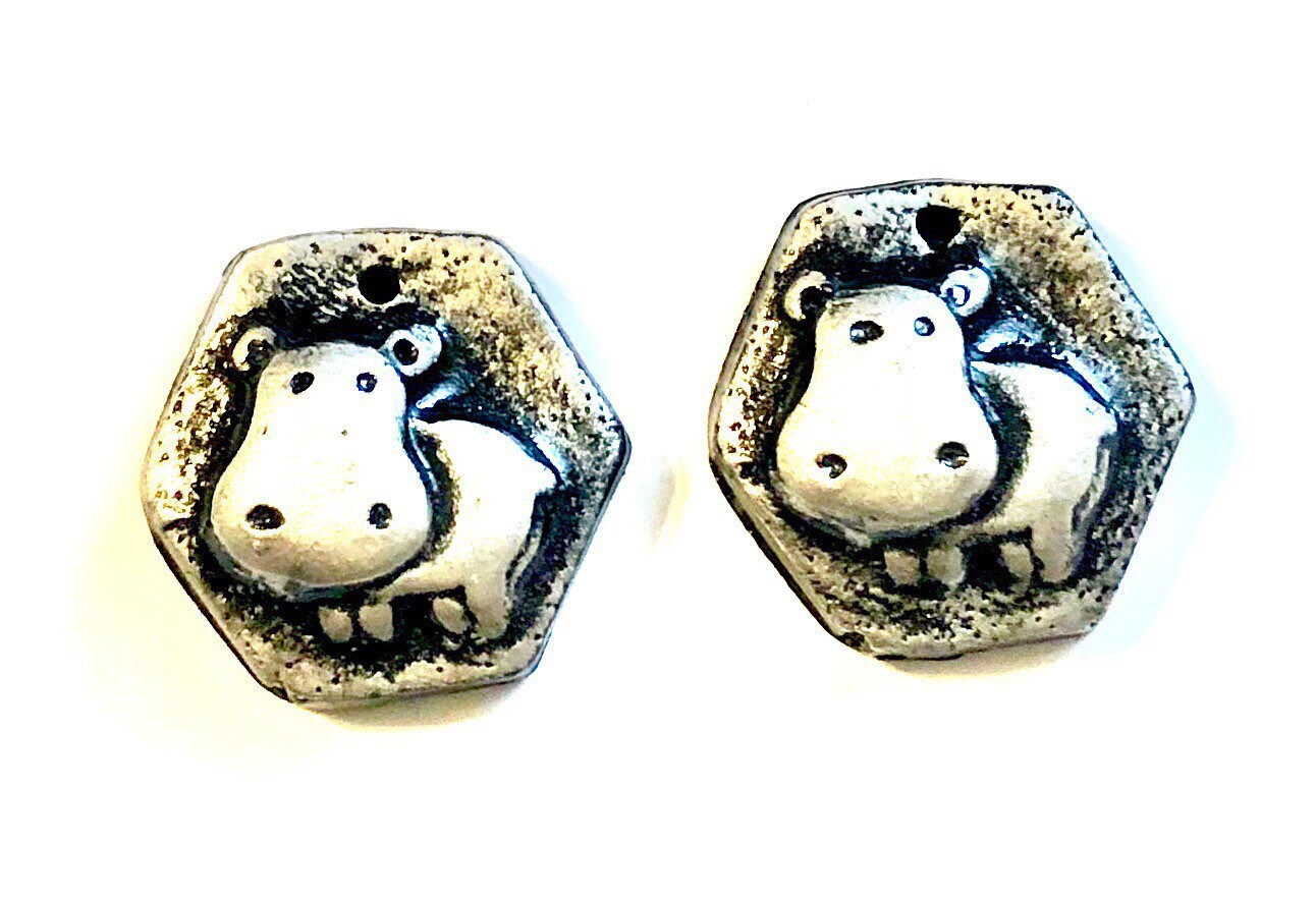 Happy Little Hippo Hexagon Beads Black Silver Handmade Polymer - Etsy