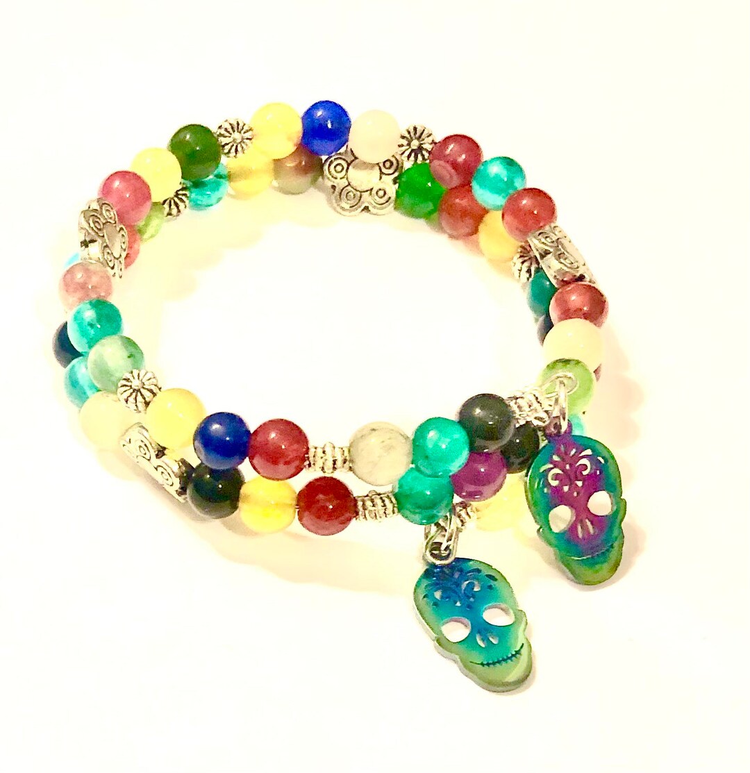 Sugar Skull Bracelet Gemstone Rainbow Wrap Bracelet Day of the Dead ...