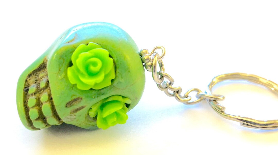 Green Sugar Skull Key Ring: Rose Eyes Charm, Stocking Stuffer - Etsy