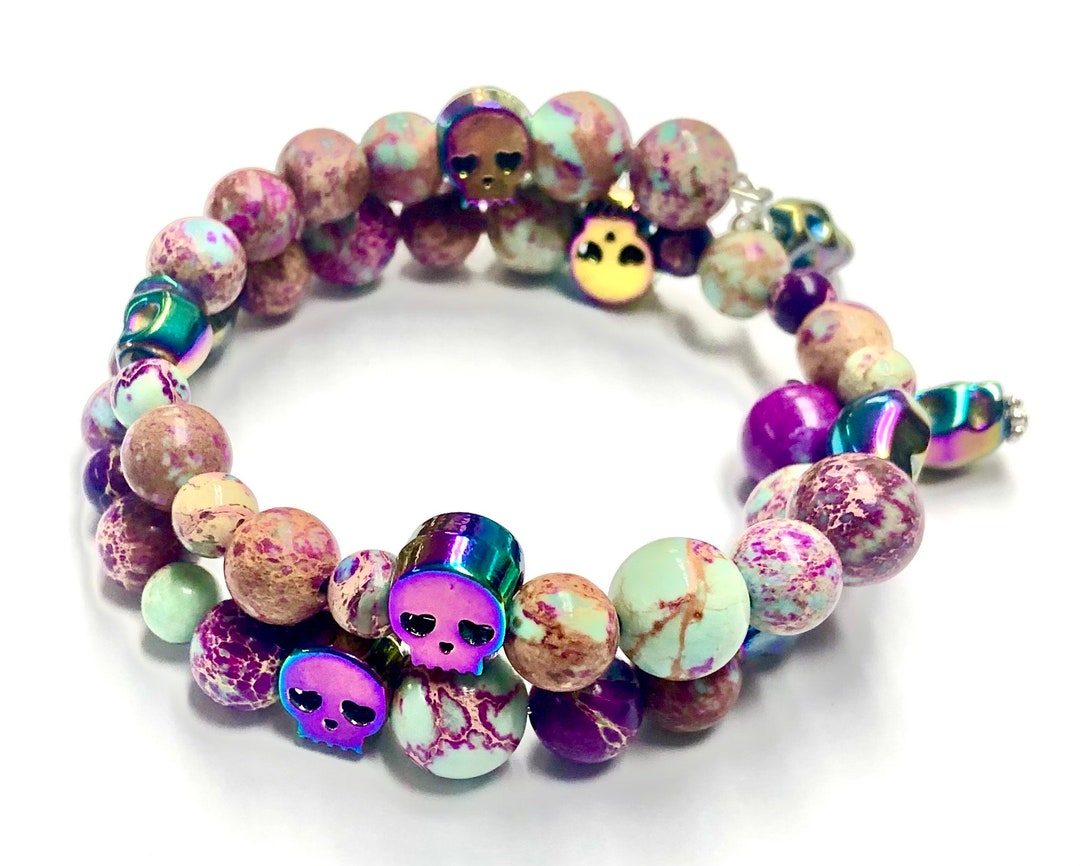 Handcrafted Sugar Skull Memory Wire Bracelet - Sea Sediment Jasper ...