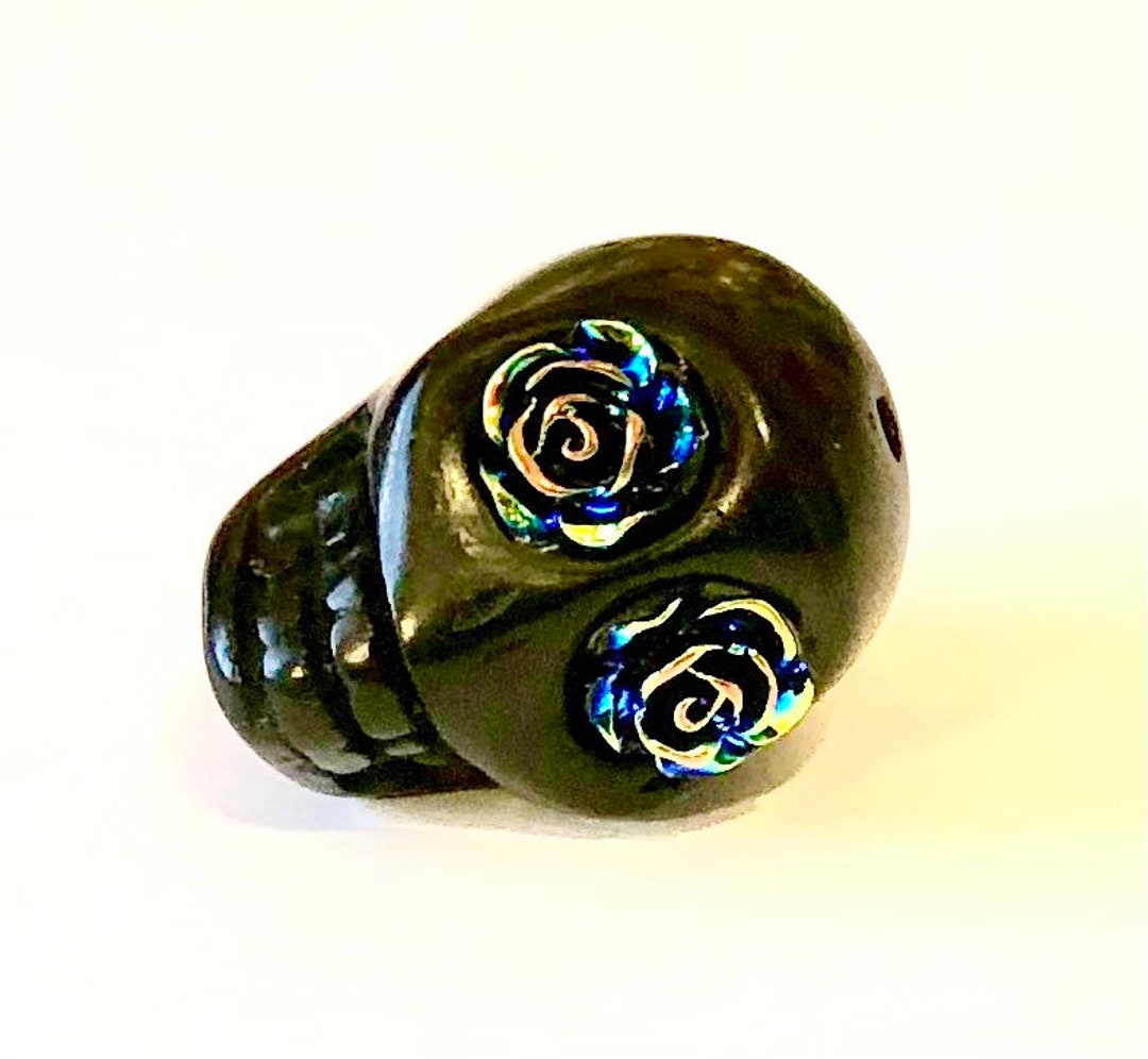 Sugar Skull Bead Gigantic Black Skull Pendant Oil Slick Rose Eyes - Etsy