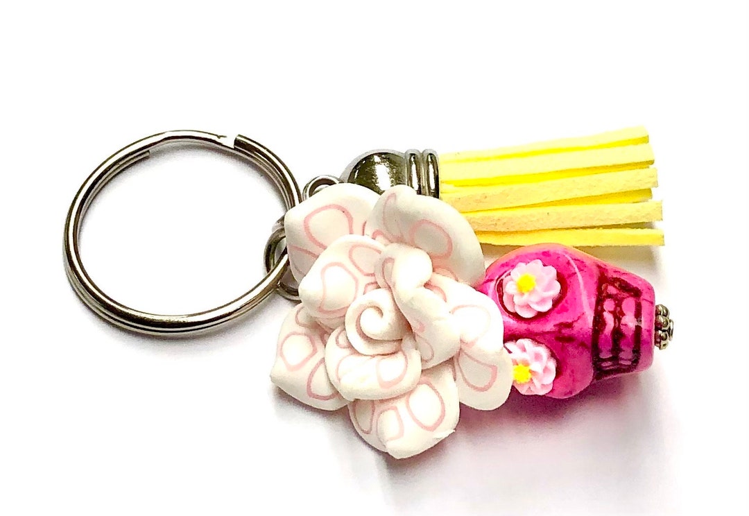Sugar Skull Keychain: Pink Skull, White Rose Charm Gift for Teen - Etsy