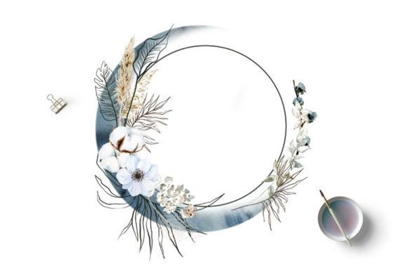 Boho Circular Floral Frame With Moon in Blue - Etsy