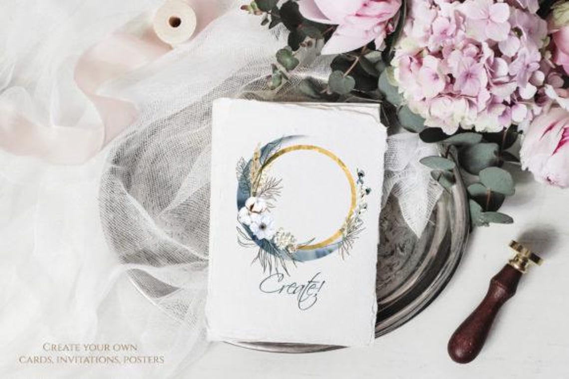 Boho Circular Floral Frame With Moon in Blue - Etsy