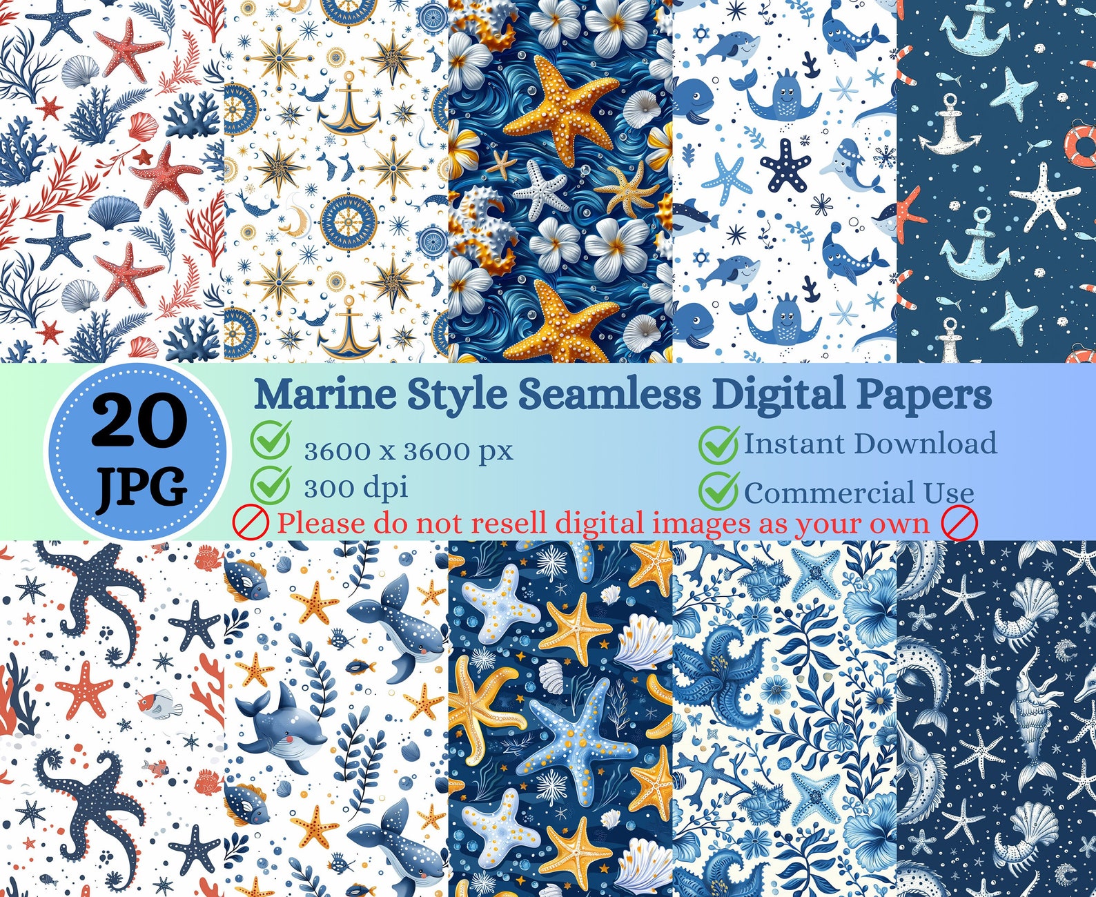 20 Marine Style Seamless Digital Papers, JPG File, Seamless Pattern ...