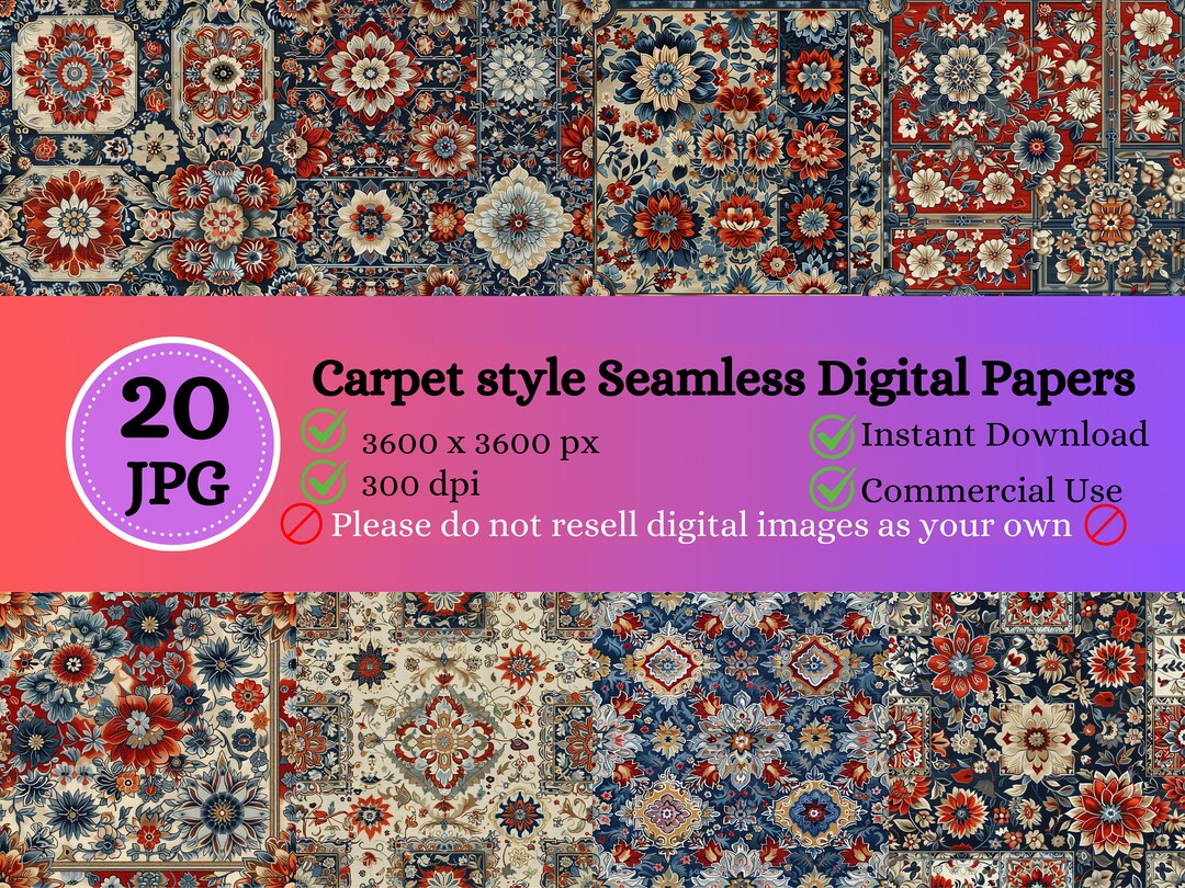 20 Carpet Style Seamless Digital Papers, JPG File, Seamless Pattern ...