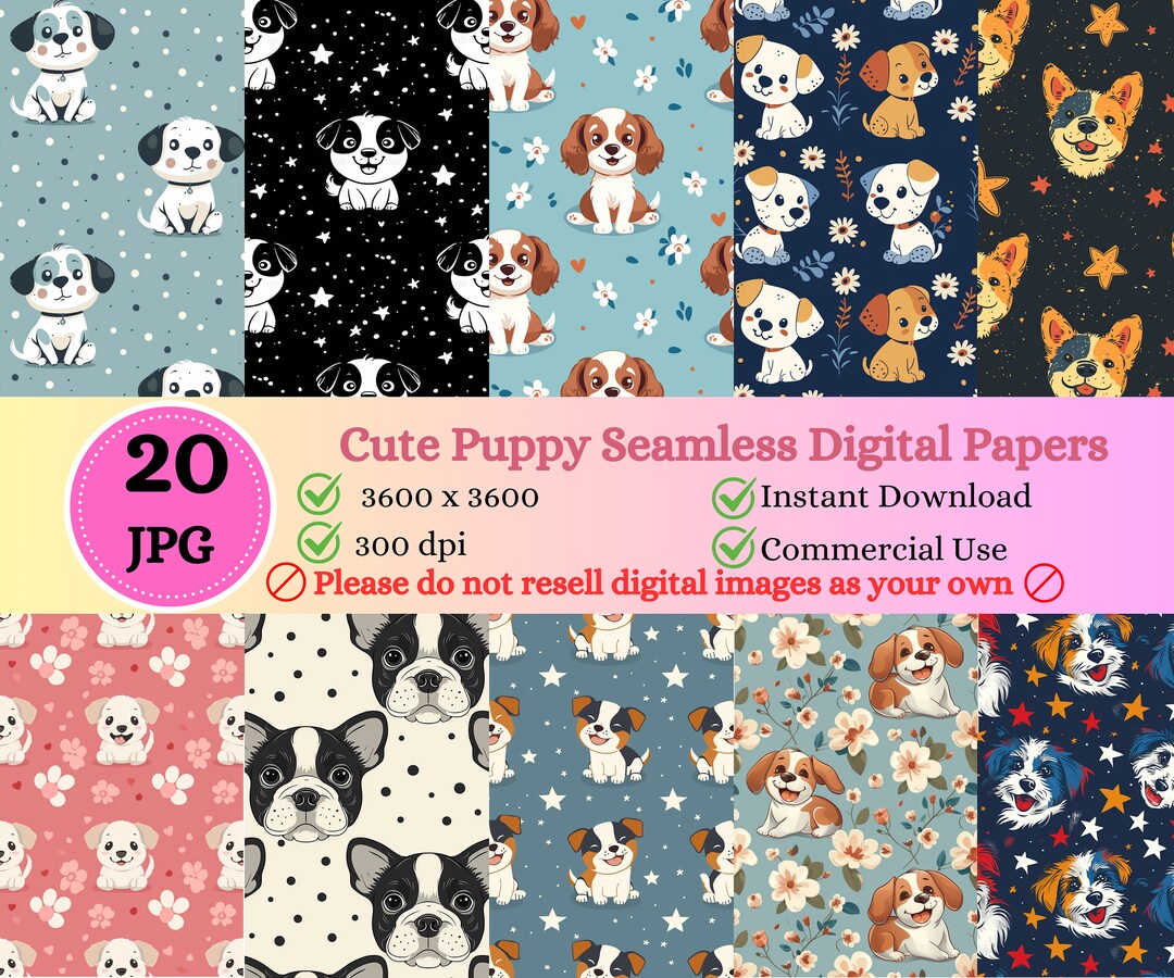 20 Cute Puppy Seamless Digital Papers, JPG File, Seamless Pattern ...