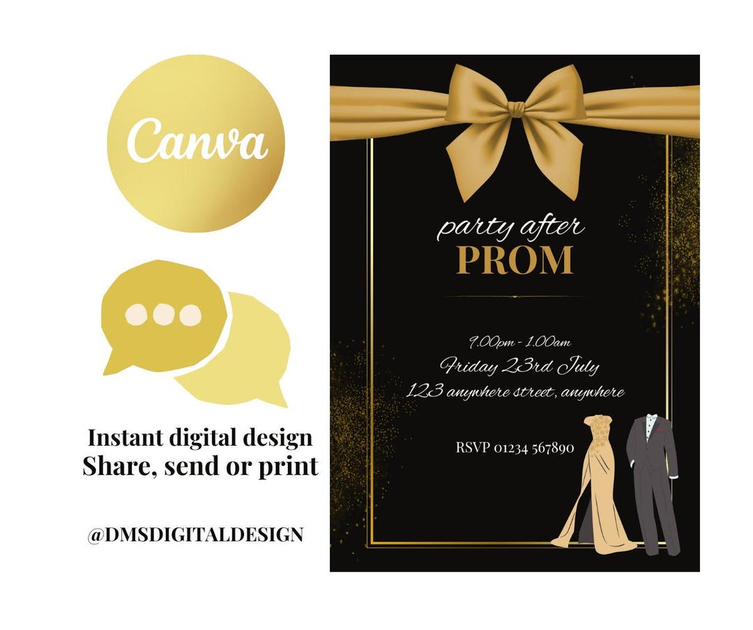 Prom After Party Invitation, Prom Digital Invite, Black and Gold Prom ...