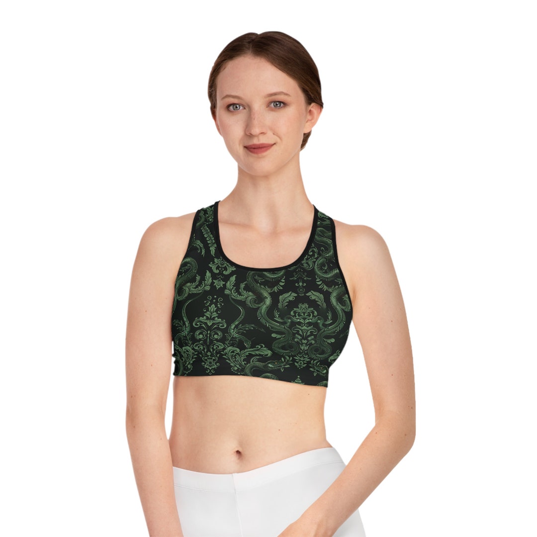 Sports Bra AOP, Bralette, Snake, Serpent, Damask, Green, Black, Gothic ...