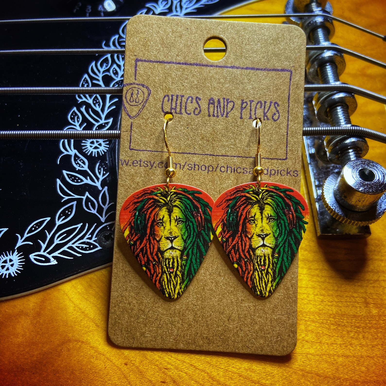 Rasta Jewelry Lion of Judah Rasta Earrings Guitar Pick Earrings Reggae ...