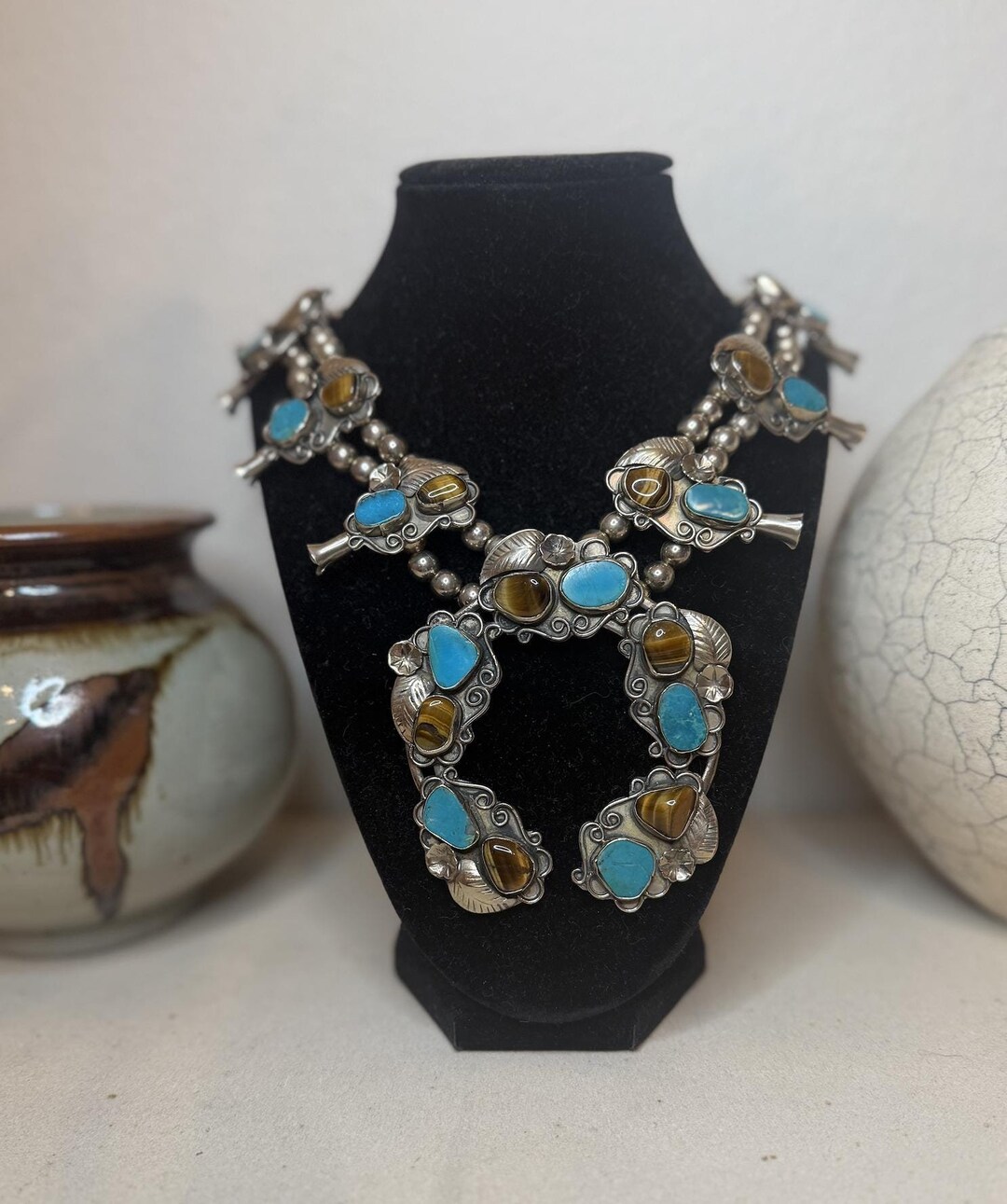 Turquoise & Tiger's Eye Squash Blossom Necklace: Vintage Jewelry - Etsy