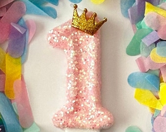Princess Birthday Candle, Pink Glitter Candle, Gold Tiara, Crown Party ...