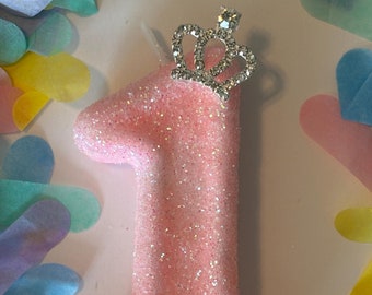Princess Birthday Candle, Pink Glitter Candle, Gold Tiara, Crown Party ...