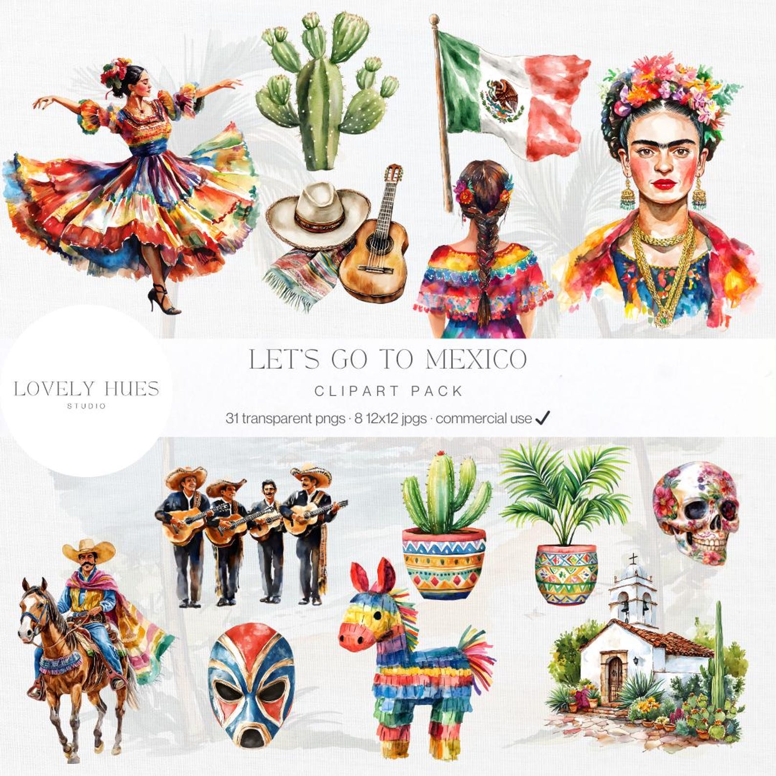Let's Go to Mexico Clipart Pack, Watercolor Summer Graphics, Travel ...